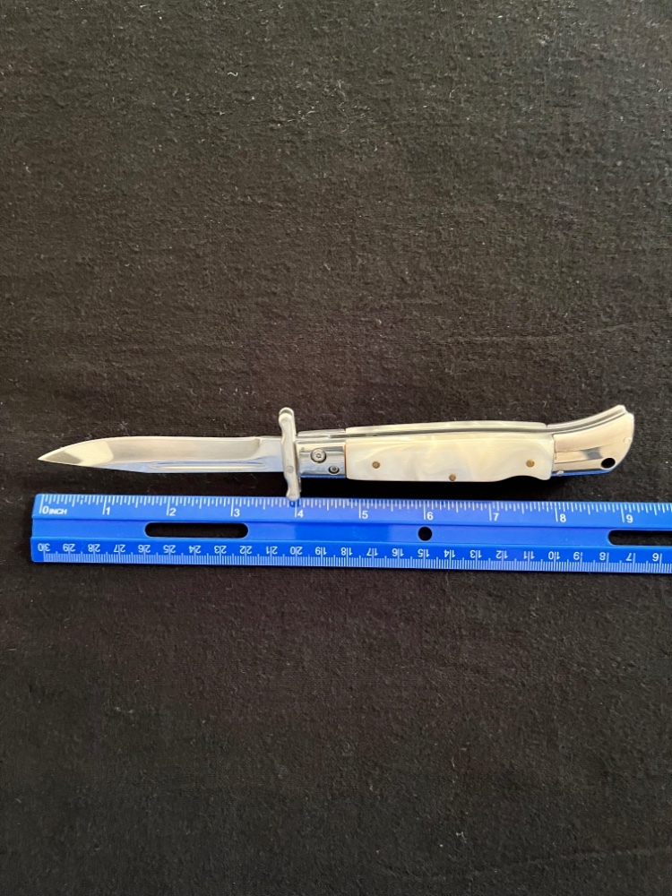 White Swirl Pearlite Lock-back 11 inch Swing Guard Automatic Knife