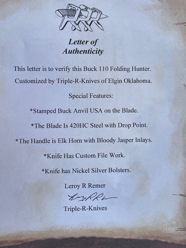 BUCK 110 FOLDING HUNTER ELK HORN WITH BLOODY JASPER INLAYS LEROY REMER ...