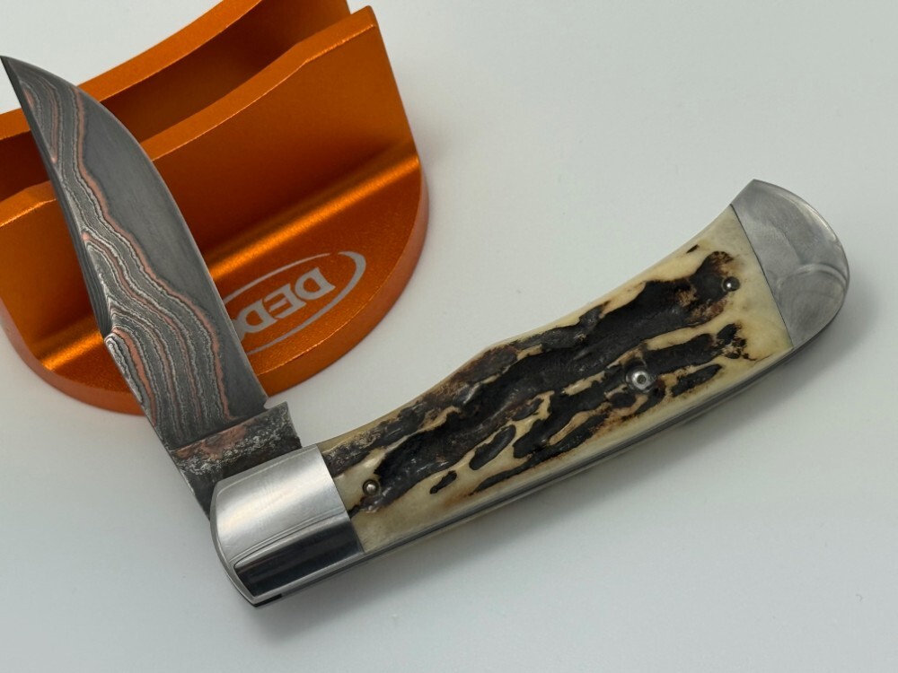 JEFF PEARCE CUSTOM BAKER FORGE COPPER MAI DAMASCUS STAG TRAPPER