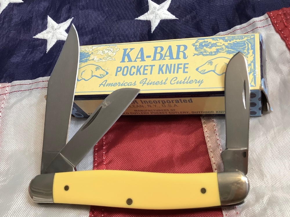 Vintage Ka-Bar Dog Head Stockman w/ Yellow Derlin Handles -Dog Head ...