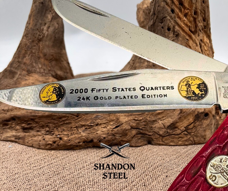 Steel Warrior 50 State QTR Collector Knife ~ Red Bone 2 Blade Trapper ...