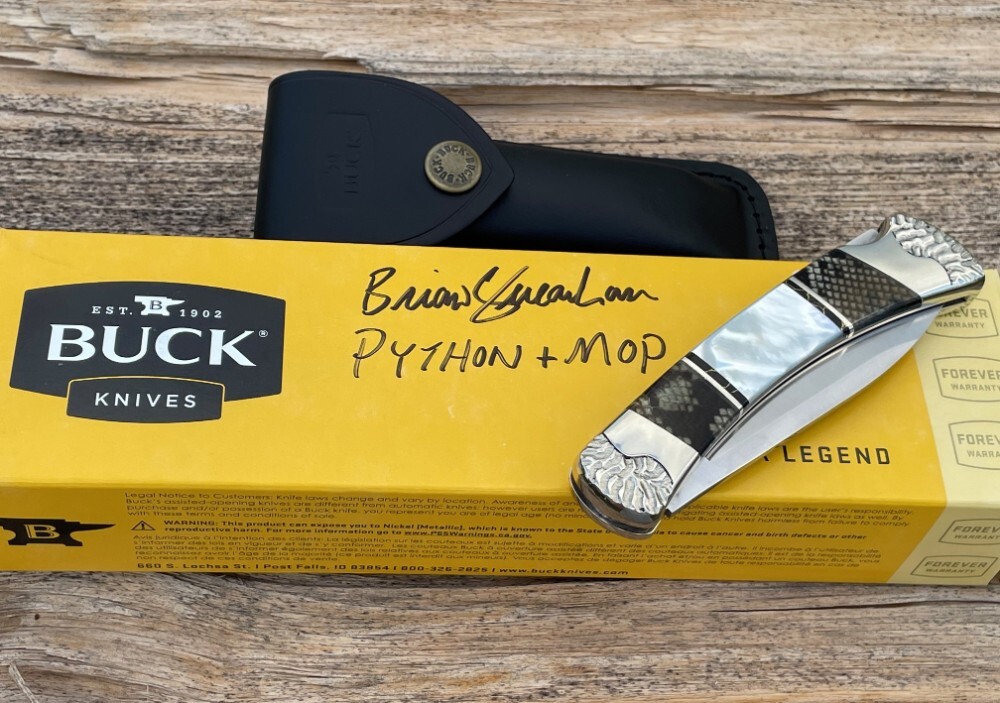 BUCK 110 ** BRIAN YELLOWHORSE CUSTOM PYTHON +MOTHER OF PEARL FOLDING HUNTER