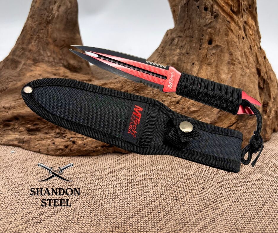 MTech Red Fixed Blade Partially Serrated Knife w Sheath Camping MT-20 ...