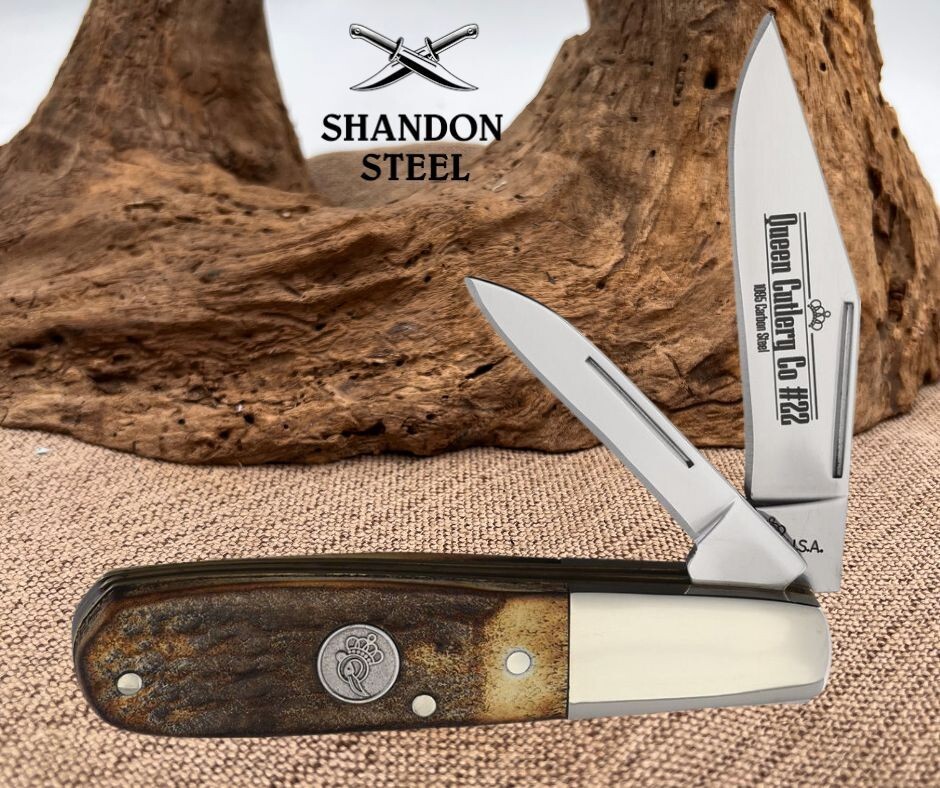 Queen USA Real Stag Bone Handle 2 Blade Barlow Folding Pocket Knife ...