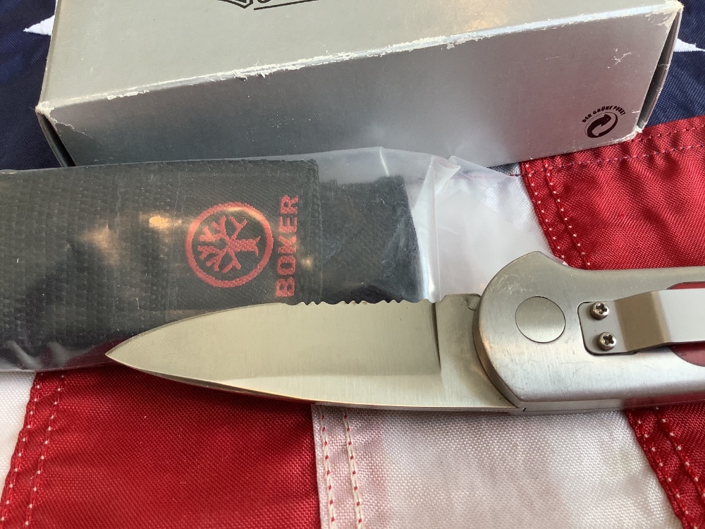 Boker Auto approx 4+” in length. Push button open instantly with purpose