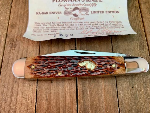 Kabar Plowman Knife (English Jack) 14kt Gold Dog’s Head Shield Brown ...