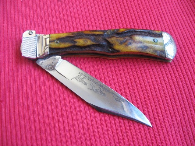 Vintage JAEGER BROS. Stag AERIAL Switchblade Knife with Etch